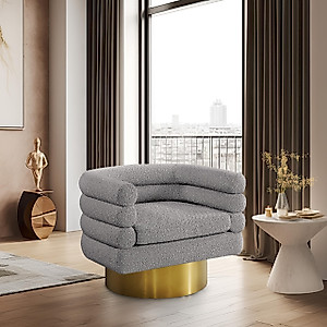 Meridian Furniture 544Grey Tessa Collection Modern | Contemporary Boucle Fabric Upholstered Swivel Accent Chair with Brushed Gold Base and Deep Channel Tufted Back, Grey, 33.5" W x 28" D x 26.5" H