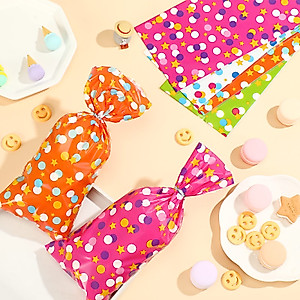 100 Pcs Cellophane Treat Bags, Polka Dots Goodie Bags Star Party Favor Bags Treat Candy Bags with 100 Twist Ties Rainbow Stars Theme for Birthday Baby Shower Pride Day School Supplies (Dot Style)