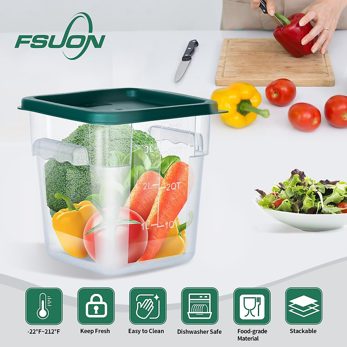 FSUON 4 Pack Clear Food Storage Containers with Lids and Handles Polycarbonate Square Commercial Food Containers, NSF (4Qt)