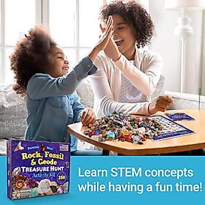 DANCING BEAR Rock, Mineral & Geodes Treasure Hunt Activity Kit (250 Pc Set) Real Shark Teeth Fossils, ID Sheet & Rock Book, STEM
