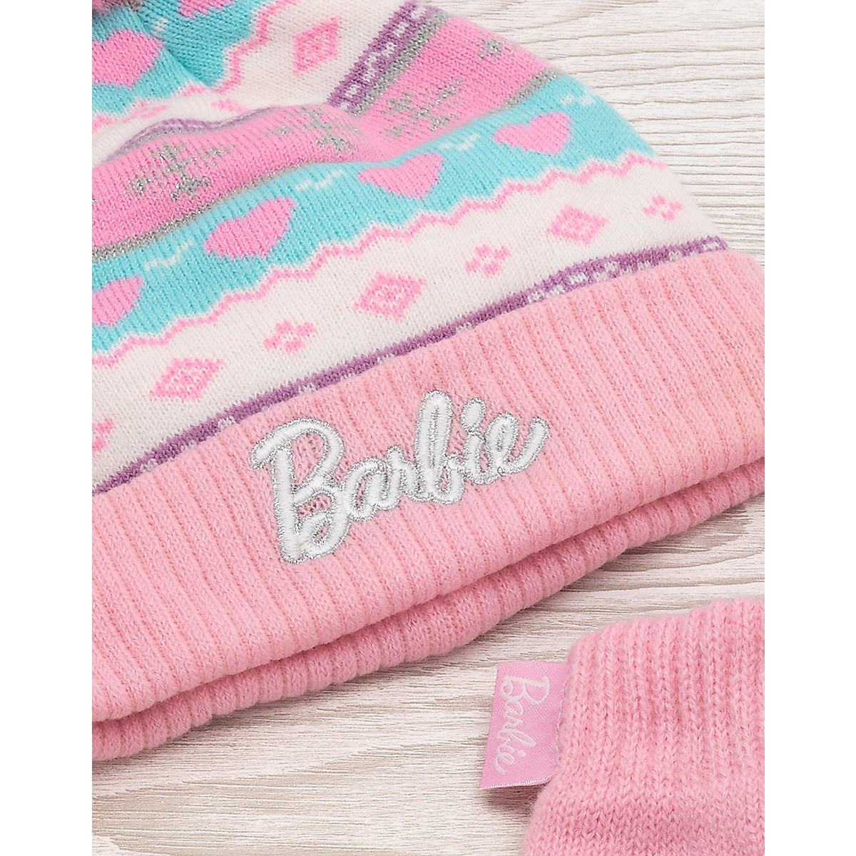 Barbie Hat and Gloves Kids Girls Pink Logo Knitted Pom Winter Beanie