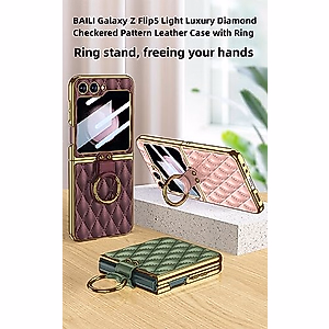 BAILI Galaxy Z Flip5 Leather Case,Galaxy Z Flip 5 Case with Ring and Built-in Small Screen Protective Film,Light Luxury Diamond Checkered Pattern Samsung Galaxy Z Flip5 Leather Case-Red