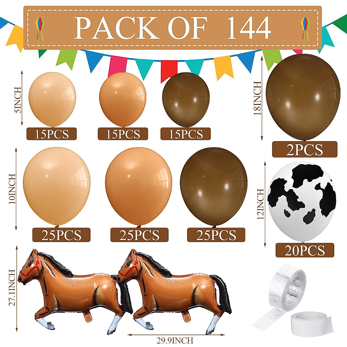 Jexine 146 Pcs Cowboy Birthday Party Decorations Western Party Balloon Garland Arch Kit Horse Balloons Cow Print Brown Blush Nude Balloons for Cowgirl Farm Horse Racing Derby Wild Party Baby Shower