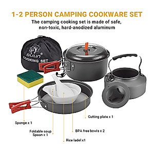 Bulin Camping Cookware Mess Kit, Backpack Portable Campfire Cooking Pots Pans Kettle Set, Lightweight Durable Cook Gear for Open Fire Hiking, Outdoor (BPA Free Bowls, Plates), 9 PCS