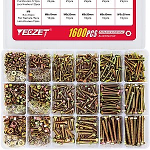 YEEZET 1600PCS M4 M5 M6 Grade 8.8 Heavy Duty Bolts and Nuts Flat & Lock Washers Assortment Kit Includes 15 Most Common Sizes