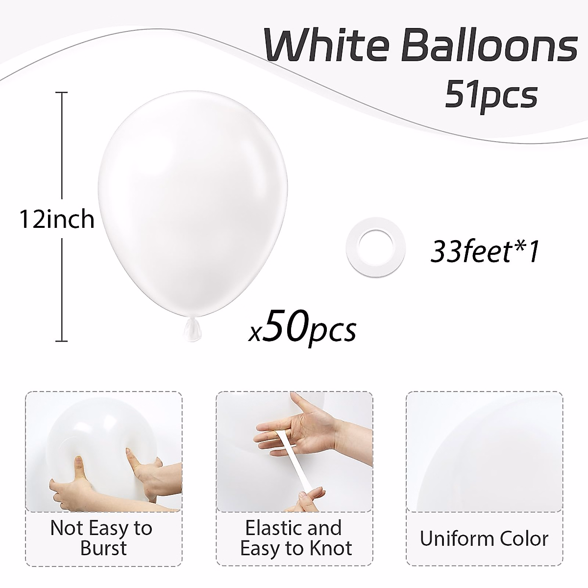 Awenztech White Balloons 12 inch, White Latex Balloons 50pcs Party Balloons for Engagement Bachelorette Bridal Shower Wedding Party Birthday Decorations
