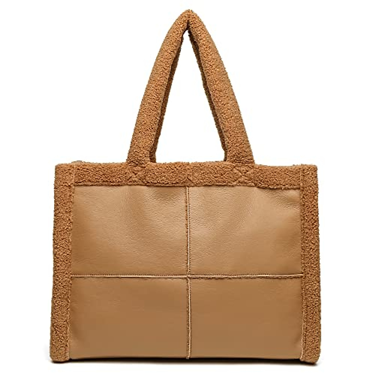 Like Dreams Women Soft Sherpa Tote Vintage Vegan Leather Winter Fashion Large Handbag Purse (Camel)