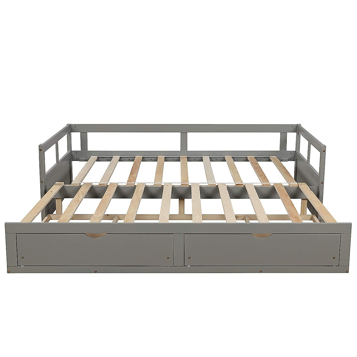 Twin to King Wooden Daybed with Twin Size Trundle Bed and Two Storage Drawers, Extendable Bed Frame, Sofa Bed for Bedroom Living Room, Grey