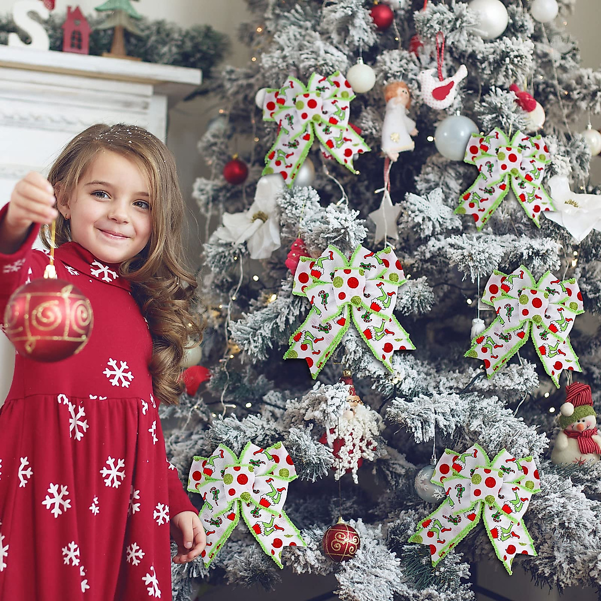 AnyDesign Christmas Wired Edge Ribbon Rolls 2.5 Inch 24 Yards Christmas Craft Fabric Ribbon Cartoon Character Stripe Dot Gift Wrapping Ribbon for Xmas Tree Wreath Bow DIY Craft Decoration, 4 Rolls