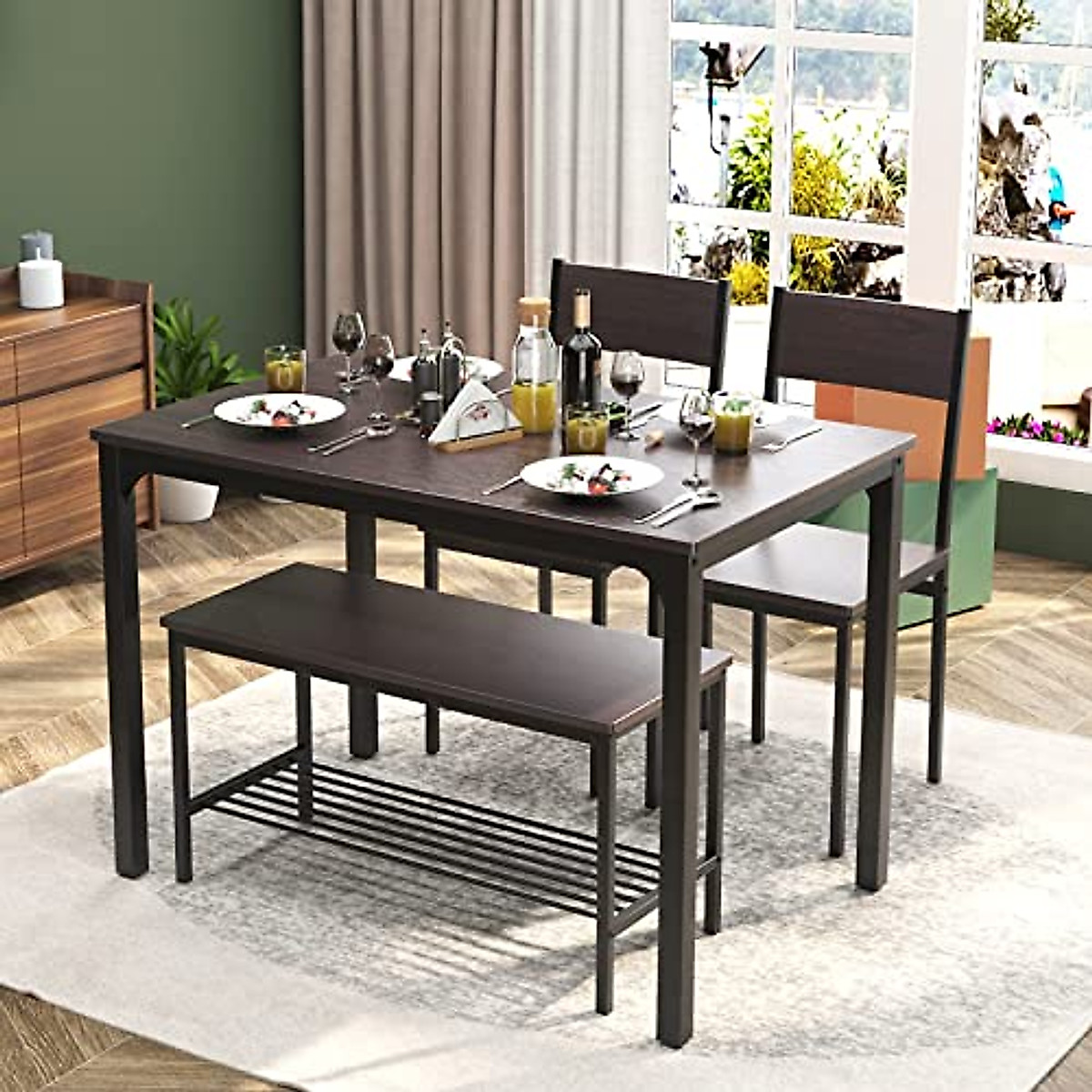 soges 4 Person Dining Table Set,43.3 inch Kitchen Table Set for 4,2 Chairs with Backrest,2-Person Bench with Storage Rack,Nesting Furniture Set for Dining Room and Restaurant, Rustic Oak GCCZ1008