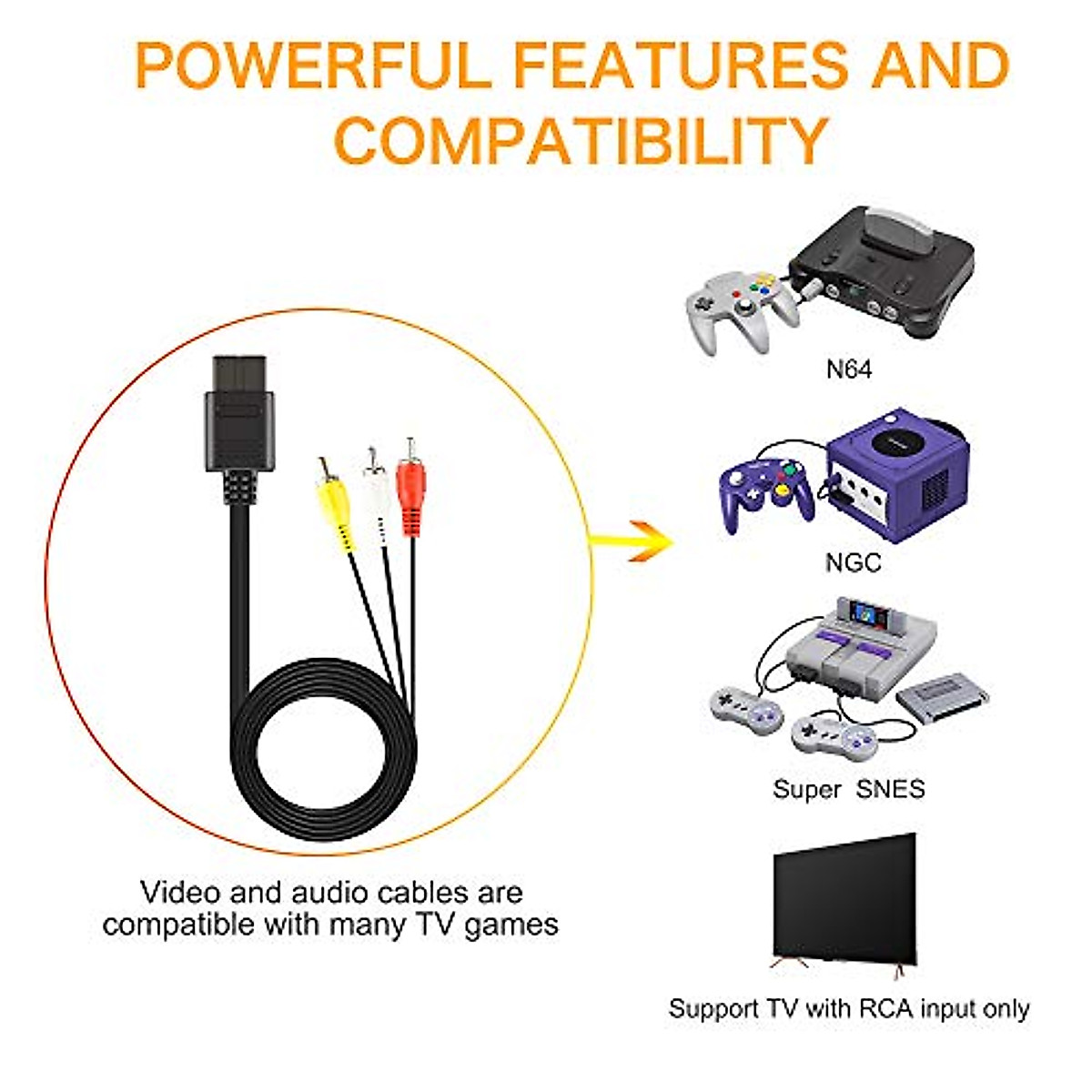 2 Pack 6Ft AV Cable N64 AV Cable Composite Retro Audio Video Standard Cord for Nintendo 64 TV Game/SNES/Gamecube/GC