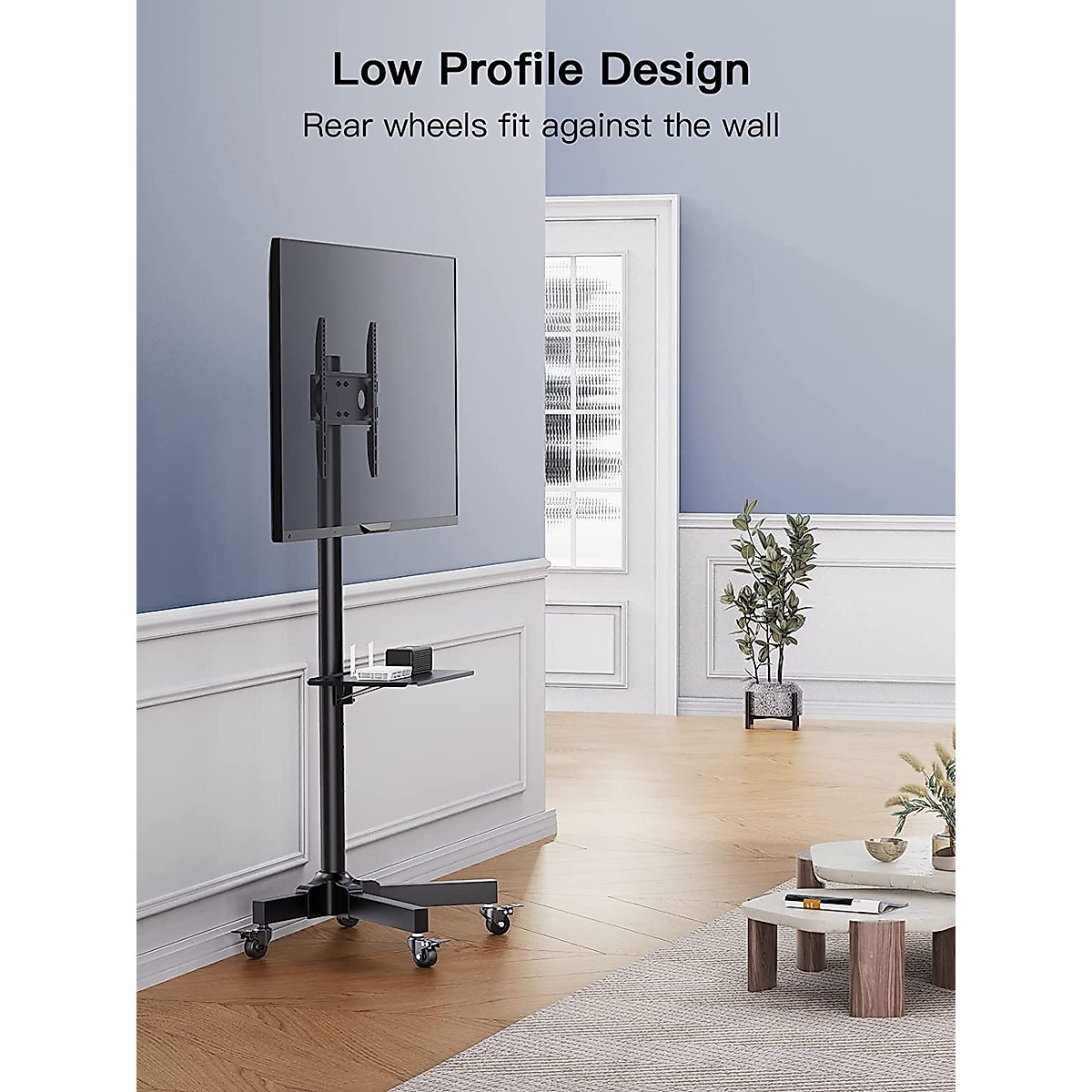 PERLESMITH Mobile TV Cart with Wheels for 23-60 Inch LCD LED OLED Flat Curved Screen Outdoor TVs Height Adjustable Shelf Floor Stand Holds up to 55lbs Monitor TV Holder with Tray Max VESA 400x400mm