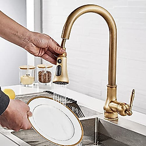 Vintage Brass Antique Bronze Kitchen Faucet Single Hole Copper Mixer Taps with Pull Down Sprayer (Stream,Spray,Powerful aquablade) (3 Functions Sprayer)