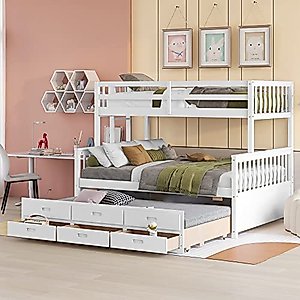 Harper & Bright Designs Twin Over Full Bunk Bed with Twin Size Trundle and 3 Storage Drawers, Separable Bunk Beds Twin Over Full Size, Wood Bunk Bed Frame for Kids Teens Boy & Girls (White)