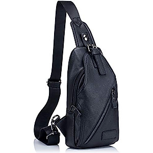 BULLCAPTAIN Genuine Leather Men Shoulder bag Sling Chest bag Travel Hiking Backpack Crossbody Bag (Black)