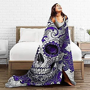 Blue Sugar Skull Floral Throw Blanket Warm Ultra-Soft Micro Fleece Blanket for Bed Couch Living Room Decoration