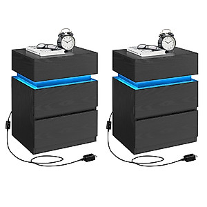 VASAGLE Nightstands with LED Lights, Set of 2, Adjustable Light Colors, Bedside Tables, Side Tables with 3 Drawers, Modern Style, 13.8 x 15.7 x 21.7 Inches, Ebony Black ULET799T58