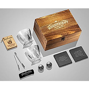 Mixology Glass & Whiskey Stones Set – Two 10oz Glasses w/ 2 Stainless Steel Balls Wooden Box - Bourbon Gifts for Men, Dad, Husband, Boyfriend, Groomsmen, Birthday Ideas﻿