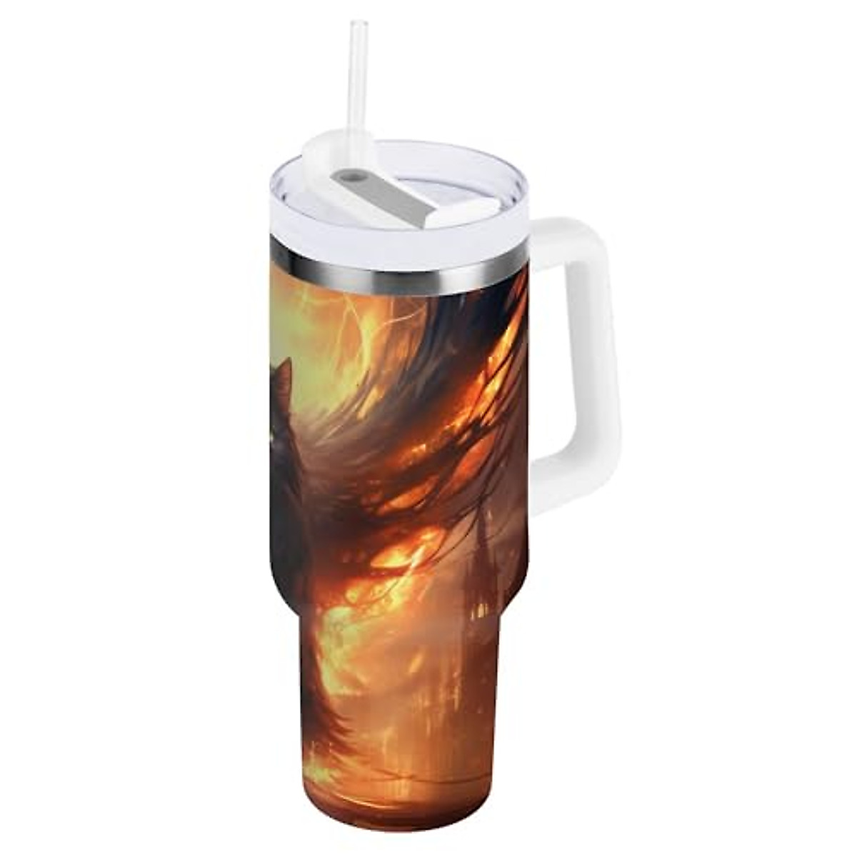 ARGTILDN 40 oz Tumbler Black Cat Fire Insulated Travel Mug with Handle and Straw Lid Stainless Steel Vacuum Coffee Cup Tea Beverage Container Water Bottles for Car Sports office