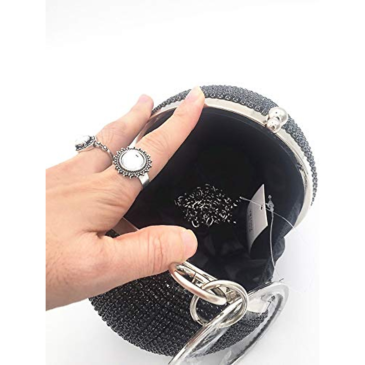 Womans Round Ball Clutch Handbag Dazzling Full Rhinestone Tassles Ring Handle Purse Evening Bag Women Round Ball Crystal Evening Clutch Purse Tassel Wedding Party Handbags (Black)