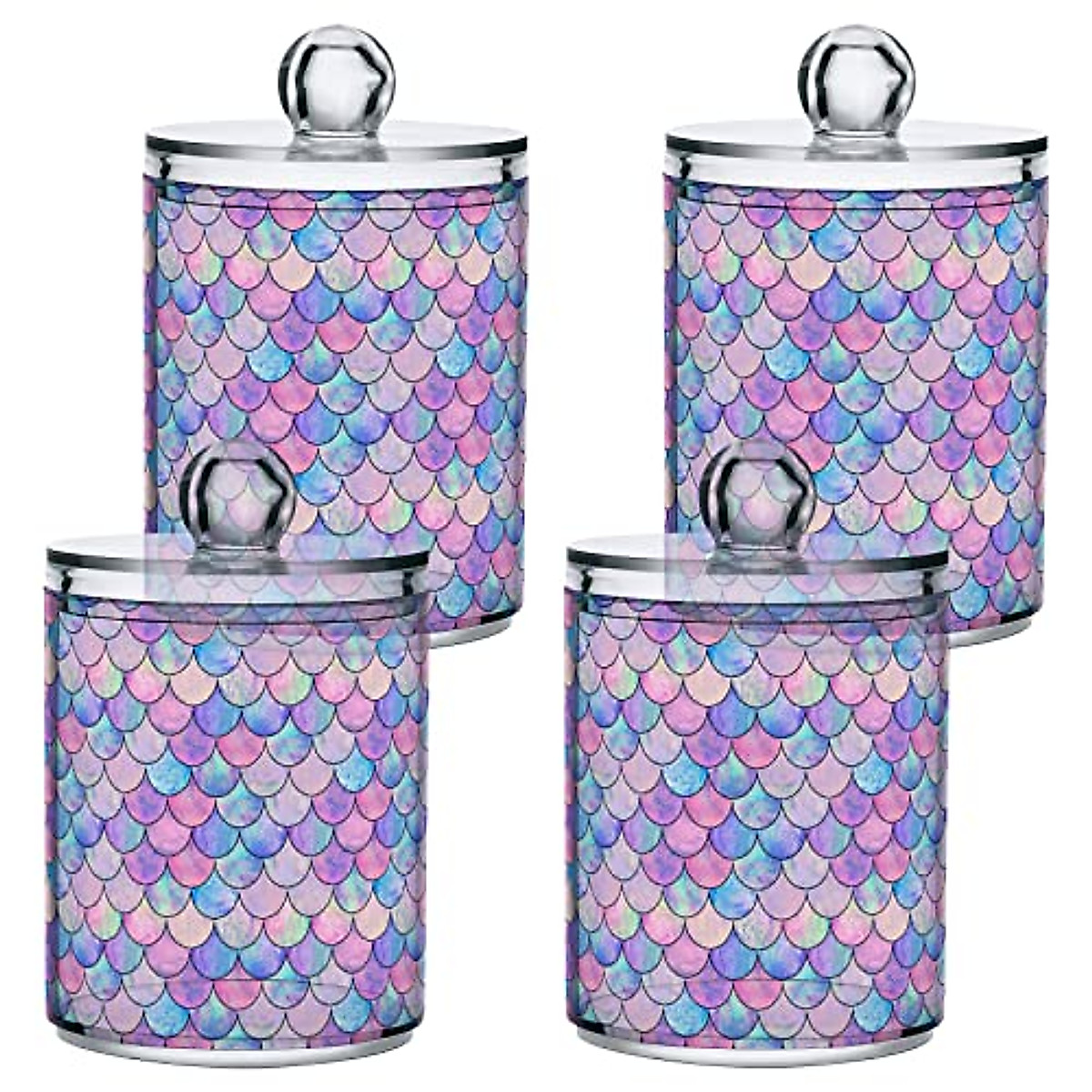 ALAZA 4 Pack Qtip Holder Dispenser Mermaid Fish Scale Bathroom Organizer Canisters for Cotton Balls/Swabs/Pads/Floss,Plastic Apothecary Jars for Vanity