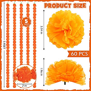 Yunsailing 65 Pcs Day of The Dead Decorations 5 Pcs 5 ft Artificial Marigold Garland 60 Pcs Faux Marigold Flower Heads Plastic Indian Garland Silk Indian Flowers for Decoration Diwali (Orange)