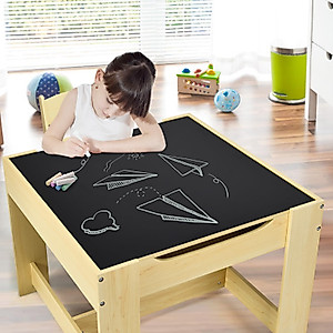 Olakids Kids Table and Chair Set, 3 in 1 Wood Children Desk Set with Removable Blackboard, Storage Drawer, Toddlers Activity Table Furniture for Art Crafts Drawing Reading Playroom (Natural)