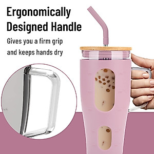 Zukro 40 oz Glass Tumbler with Bamboo Lid and Straw, Glass Water Drinking Cup With Handle, Boba Straw, Time Marker, Large Glass Iced Coffee Cup with Silicone Sleeve, BPA Free, Lilac