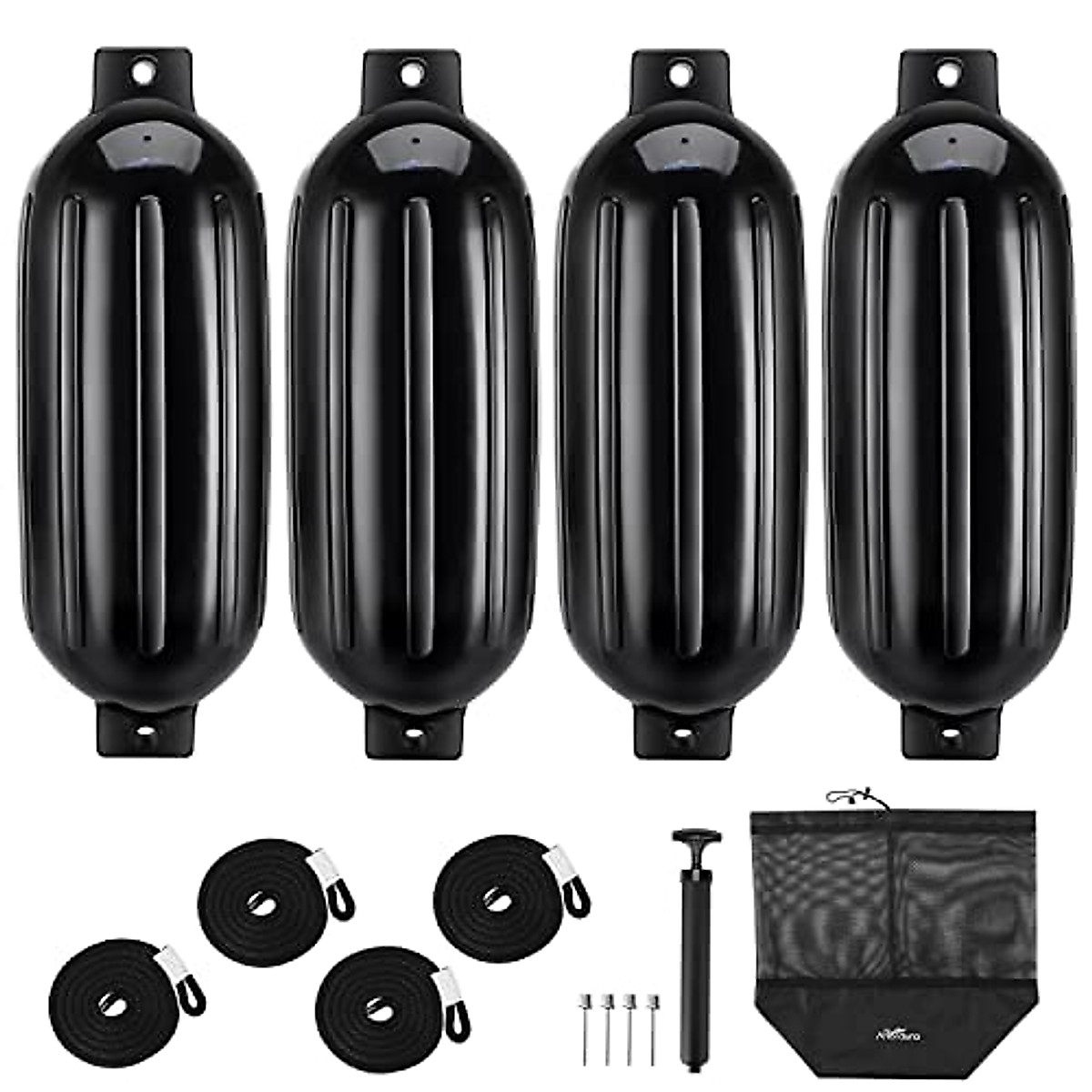 Affordura Boat Fender 4 Pack Boat Bumpers Fenders with 4 Ropes, Boat Bumpers for Pontoon Boat Fenders Inflatable (Black, 6.5 inch)