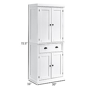 HOMCOM 72" Traditional Freestanding Kitchen Pantry Cupboard with 2 Cabinet, Drawer and Adjustable Shelves, White