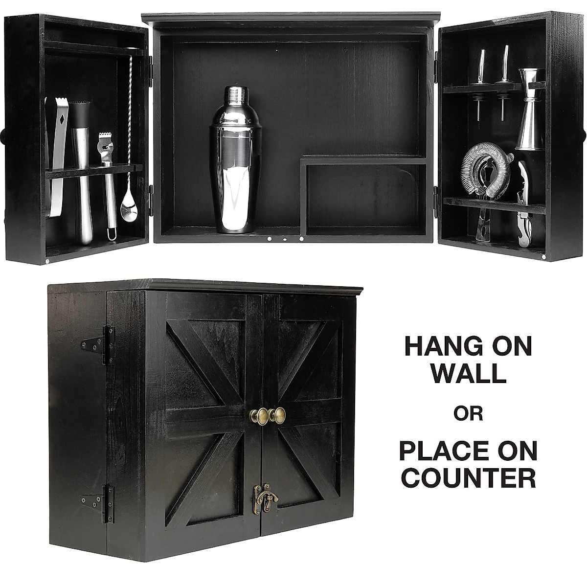 Excello Global Products Barndoor Bartender Cabinet with 10 Piece Bar Tool Set: The Perfect Kit for Home Bartenders (Black)