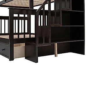 TARTOP Twin Over Full Bunk Bed with Drawer, Wood Bedfram w/Storage Stairway and Guard Rail for Bedroom, Dorm, Adults, No Box Spring Needed,Espresso