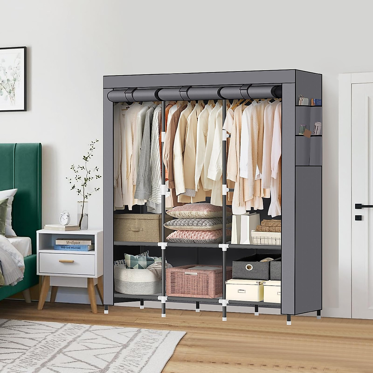 LOKEME Portable Closet, Wardrobe Closet with 3 Hanging Rods and 6 Storage Shelves, Gray Closet, Easy to Assemble Portable Closets for Hanging Clothes with 4 Side Pockets, PWC0006-GRAY