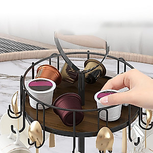 Coffee Mug Holder, 360 Degree Rotatable Mug Tree Stand, 2 Tiers Handle Coffee Cup Holder with 10 Mug Hooks, Coffee Pod Holder with Cup Pods, Saucer Basket Storage & Handle for Kitchen Coffee Bar