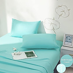LBRO2M 1000 Thread Count 100% Egyptian Cotton King Size Sheets Set,Breathable Wrinkle Bed Sheet 4 Piece Sets,16 Inches Deep Pocket,Soft Comforterble,Sateen Weave Long Stapl,Lake Green