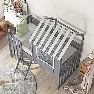 Twin Loft House Bed for Kids, Wooden Loft Beds with Rustic Fence-Shaped Guardrail/Ladder/Window/Roof for Teens Boys & Girls Bedroom (Gray-Loft House Bed)