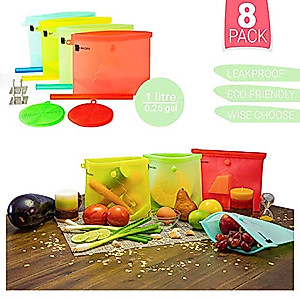 EBKORD Useful Set of 4 | 4 Reusable Eco Silicone Airtight Seal Storage Food Bags | 2 Multiuse Silicone Sponge for Kitchen or Bathroom | 2 Resistant Multi Surfaces 3M Stainless Steel Wall Hanger