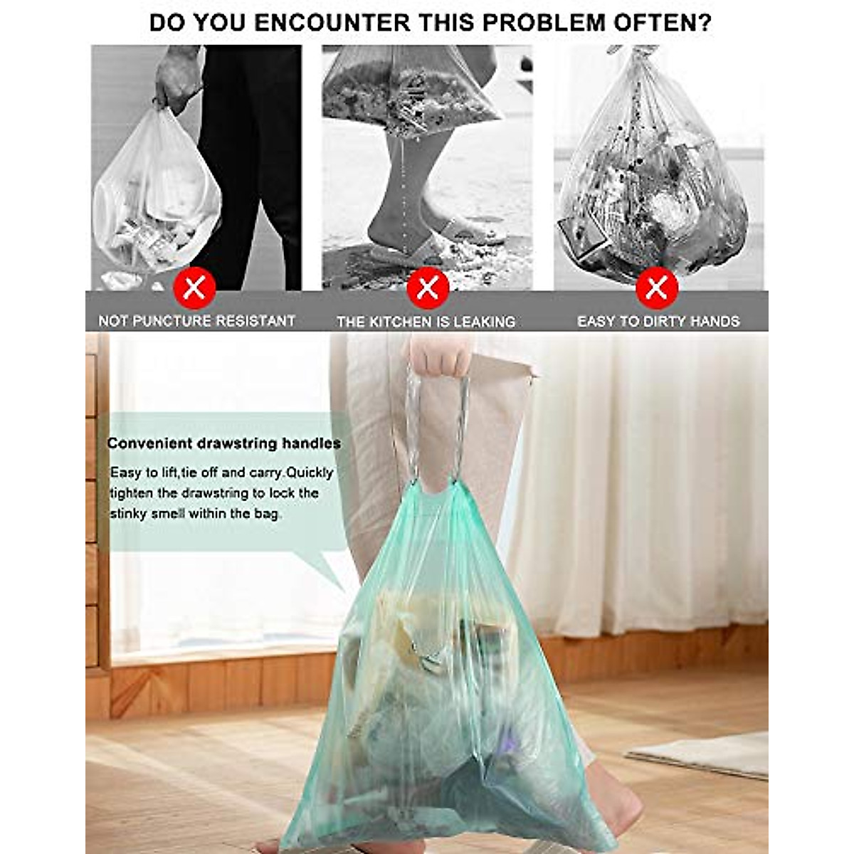 Small Trash Bags, AYOTEE 2 gallon trash bag Drawstring Compostable Trash Bags, 50 Counts Small Garbage Bags Bathroom Trash Bags Compost Bags Waste Basket Liners for Bathroom,Office,Pet,Car (Green)