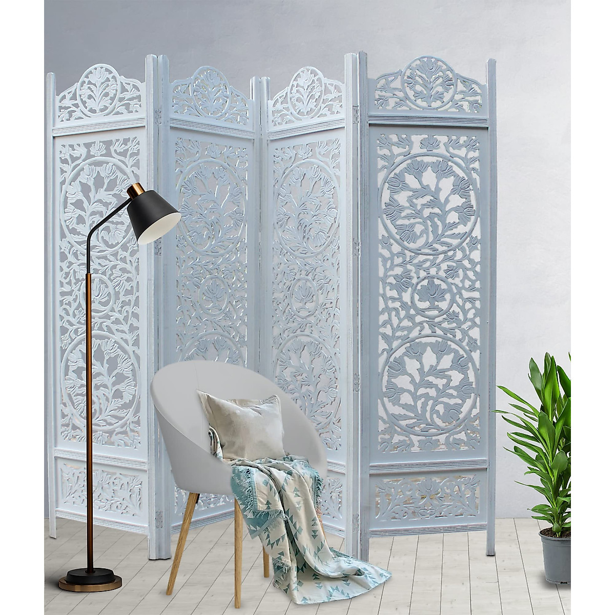 COTTON CRAFT Room Divider Wood Floor Screen - Kamal Antique White 4 Folding Panel 72x80 - Portable Reversible Functional Decorative Partition - Reversible Boho Freestanding Small Spaces Privacy