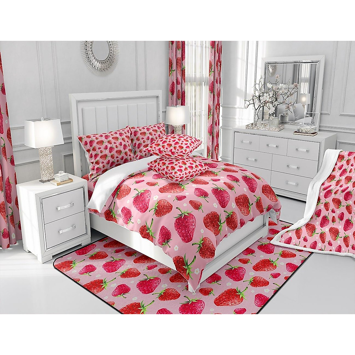 Strawberry Sheet Set Full Size Kids Pink Tropical Fruit Print Sheets with Deep Pocket Fitted Sheet for Boys Girls Teens Sweet Strawberry Print Bed Sheets Set Floral Print Sheet Set Room Decor