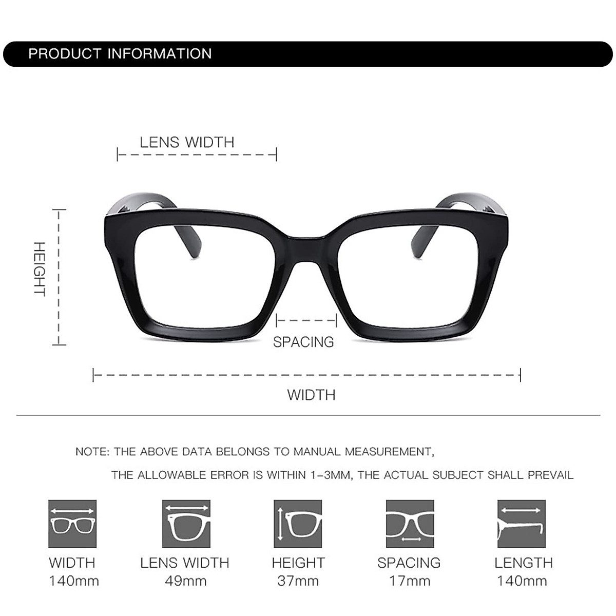 EYLRIM Classic Thick Square Frame Clear Lens Glasses for Women Men Non Prescription Eyeglasses(A1 Bright Black)