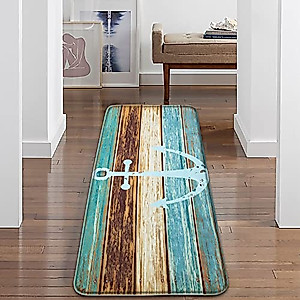 Bathroom Rugs, Kitchen Rug Non-Slip Soft Absorbent Bath Mats with Nautical Anchor Flannel for Bathroom Kitchen and Hallway 24 inches X 71 inches Turquoise/Brown