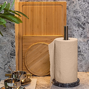 Koja Natural Black Marble and Stainless Steel 12.5” Paper Towel Holder with No-Slip 6” Base. Stylish Modern Design to Enhance Any Kitchen and Impress Your Friends and Guests.