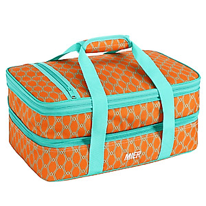 MIER Insulated Double Casserole Carrier Thermal Lunch Tote for Potluck Parties, Picnic, Beach, Fits 9 x 13 Inches Casserole Dish, Expandable by Mid Zipper, Orange