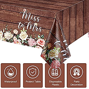 3 Pcs Miss to Mrs Tablecloths for Bridal Shower, Rustic Floral Wood Grain Table Covers Disposable Plastic Rectangular Table Cloth for Bride Wedding Engagement Party, 108 x 54 Inches (Dark Brown)
