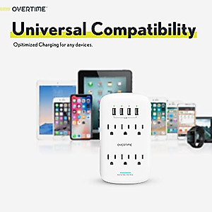 6 Outlet Extending Surge Protector, Multi Outlet Extender Wall Adapter with 4 USB Fast Charging Ports, 6 AC Outlets, Phone Mount, 1200J Surge Protection, ETL Certified (2-Pack, White)