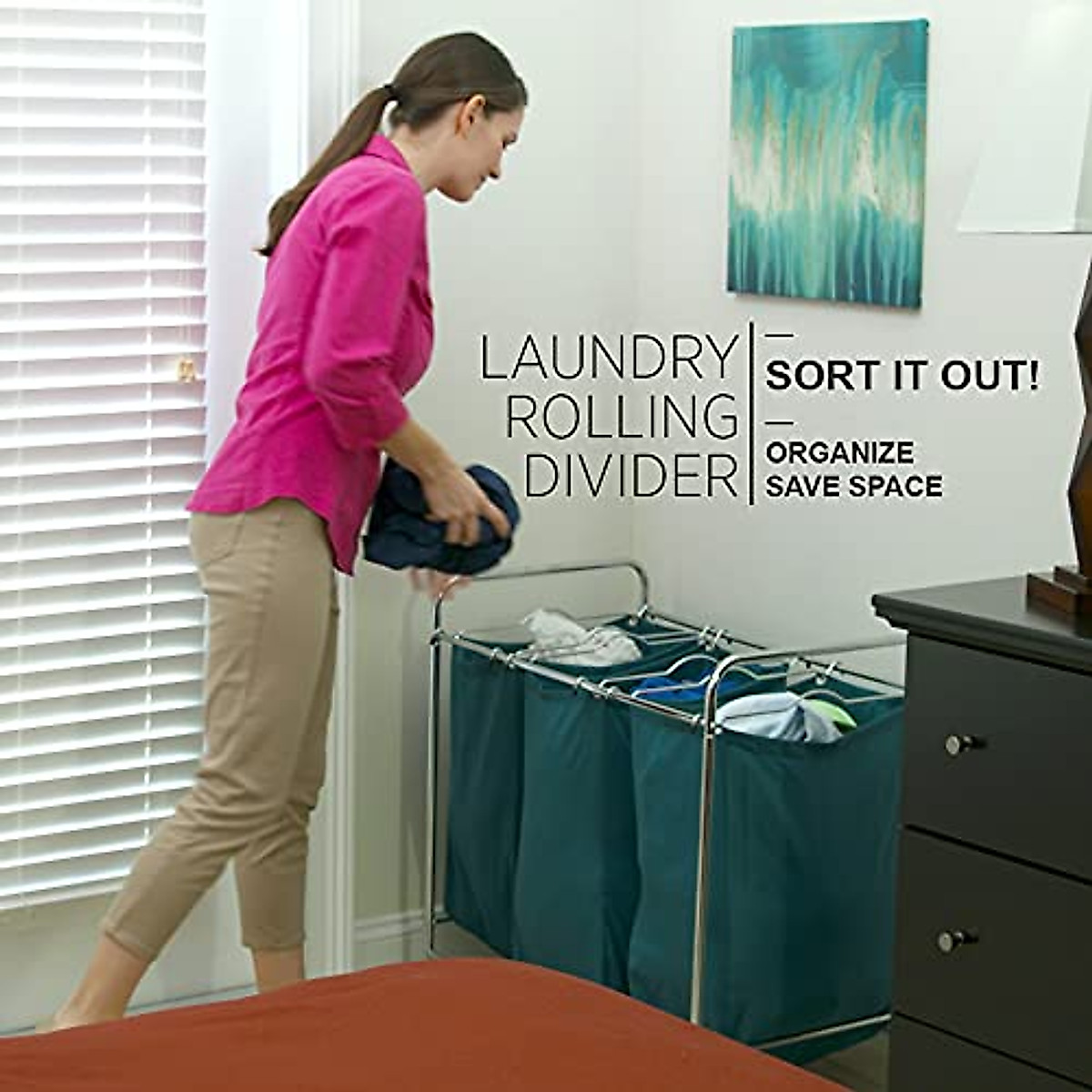 Heavy Duty 3 Bag Rolling Laundry Sorter Storage Cart Clothes Hamper with Wheels Large Baskets Removable Bags Triple Compartment Portable Laundry Hamper Holds Up To Three Loads of Laundry (Indigo)