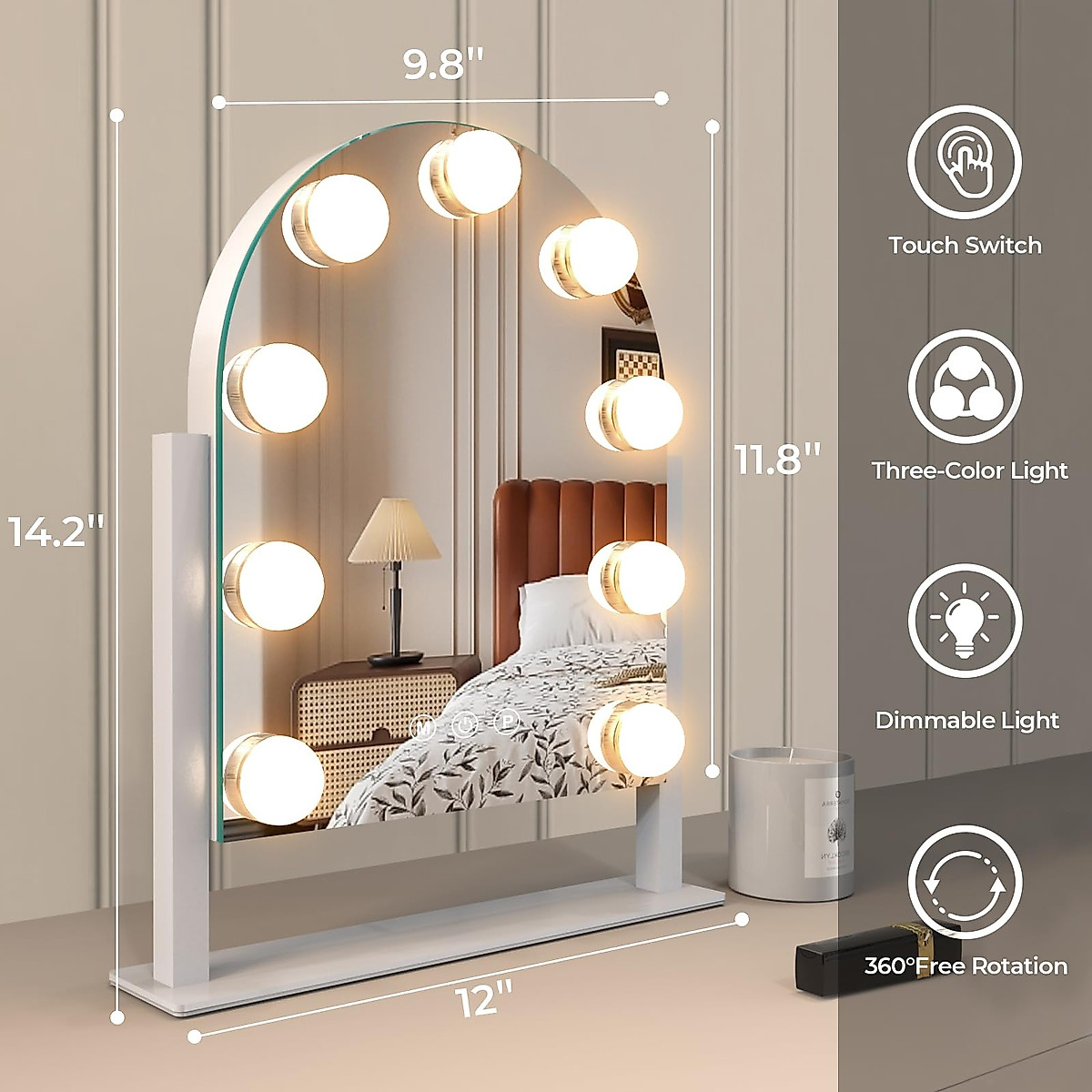 ZL ZELing Makeup Mirror with Lights, Vanity Mirror with Lights, Lighted Makeup Mirror, 3 Color Modes, Dimmable Light,360° Rotation