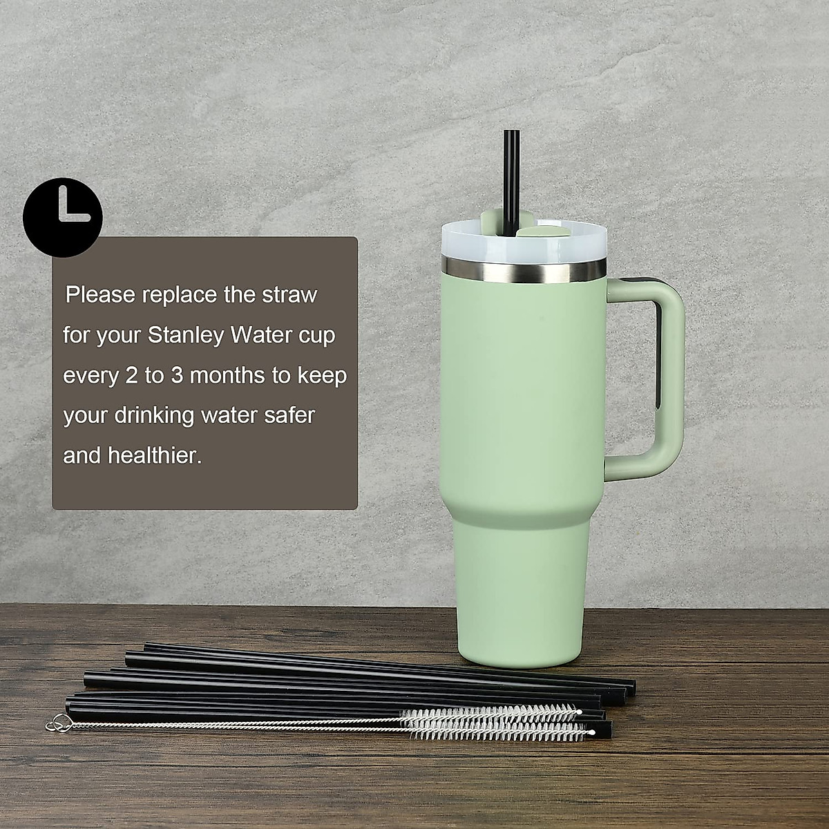 Replacement Silicone Straws for 40 oz Stanley Adventure Travel Tumbler, 12 inch Extra Long Reusable Black Stanley Tumber Straws for Stanley Cup, Pack of 6 with 2 Cleaning Brushes