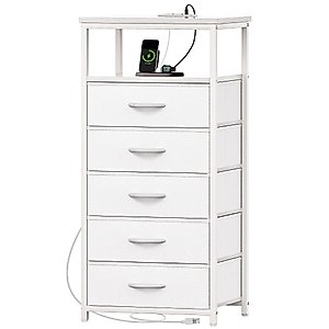 Huuger 5 Drawers Dresser with Charging Station, Dresser for Bedroom, Tall Night Stand, Chest of Drawers with PU Leather Finish, Open Shelf, Bedside Table Nightstand, for Entryway, White